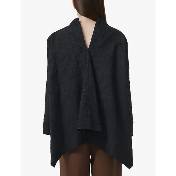 LEEM Draped-back Textured Woven Blouse
