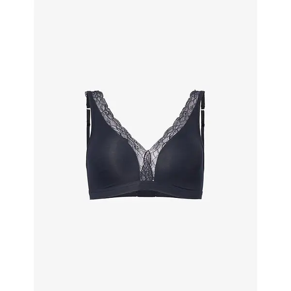 Hanro Triangle-cup Lace-trim Stretch-cotton Bra - Black