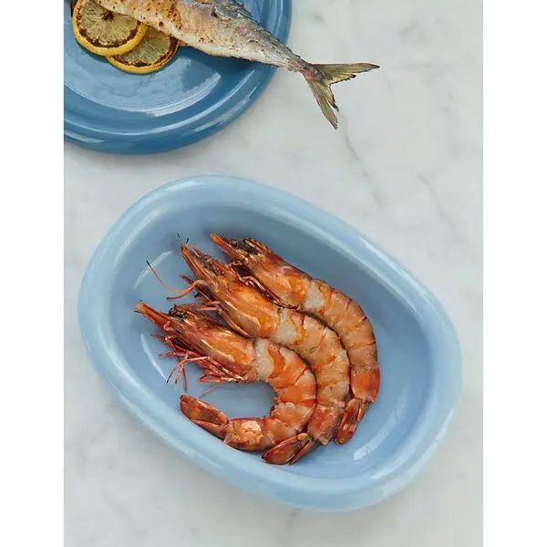 HAY Barro Small Striped Terracotta Oval Dish - Light Blue