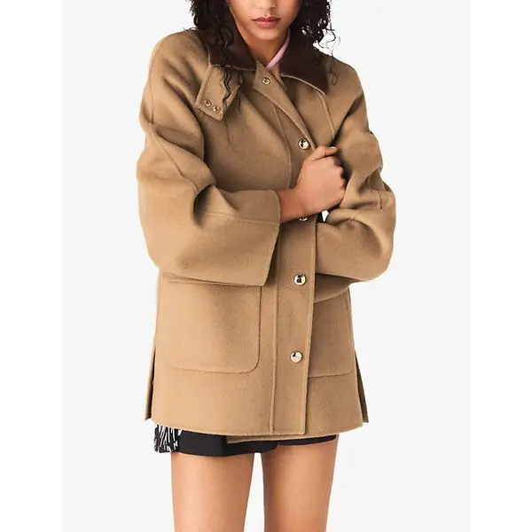 Maje Wool-blend Coat With Removable Hood - Beige