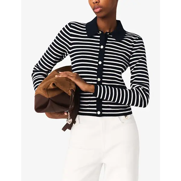 Maje Striped Polo-collar Knitted Cardigan - Navy
