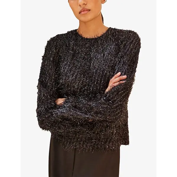 RO&ZO Tinsel-texture Round-neck Woven Top