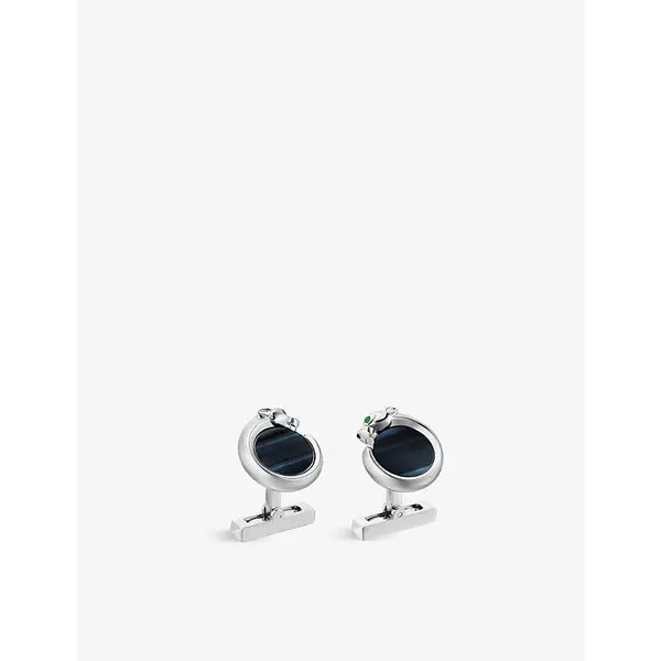 Cartier Panthère De Sterling-, 5.4ct Falcon Eye Stones And Lacquer Cufflinks - Silver