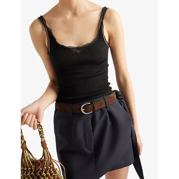 Prada Ribbed Cotton Tank Top With Logo Plaque