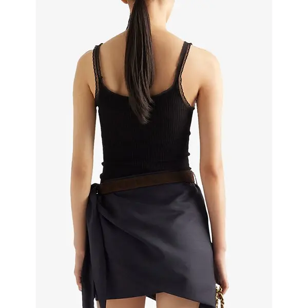Prada Ribbed Cotton Tank Top With Logo Plaque