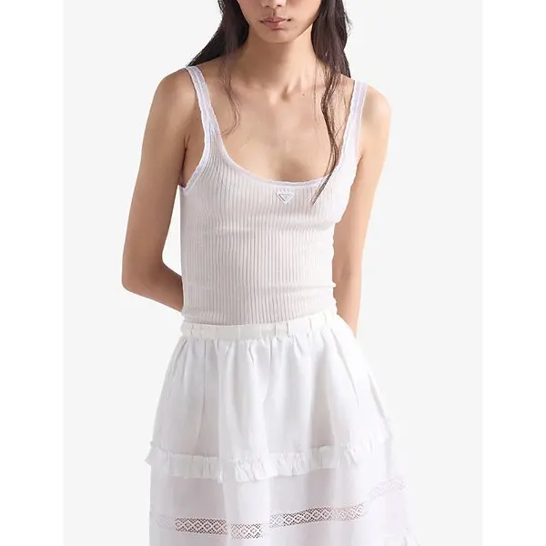 Prada Ribbed Cotton Tank Top With Logo Plaque