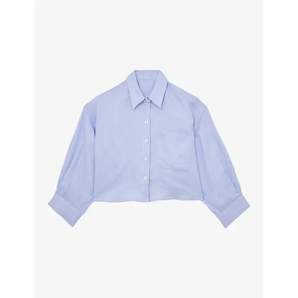 REISS Solena Cropped Linen Shirt - Blue