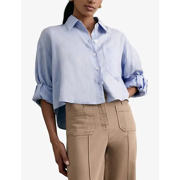 REISS Solena Cropped Linen Shirt - Blue