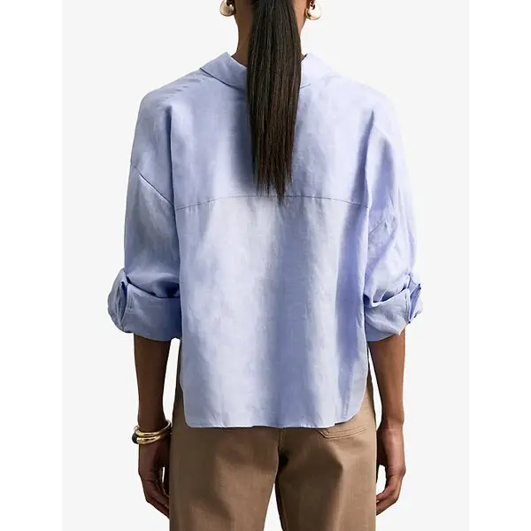 REISS Solena Cropped Linen Shirt - Blue