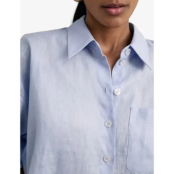 REISS Solena Cropped Linen Shirt - Blue