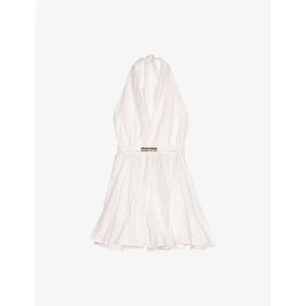 Maje Ring-embellished Halterneck Embroidered Cotton Mini Dress