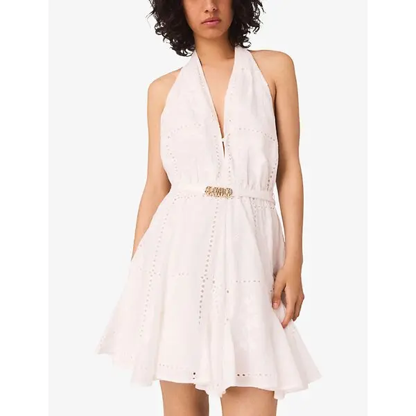 Maje Ring-embellished Halterneck Embroidered Cotton Mini Dress