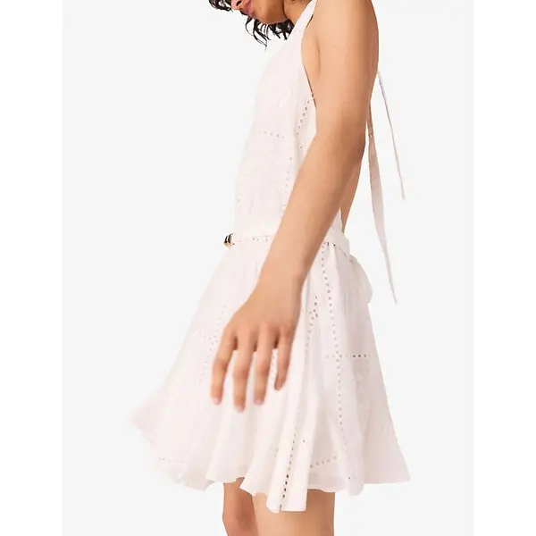 Maje Ring-embellished Halterneck Embroidered Cotton Mini Dress