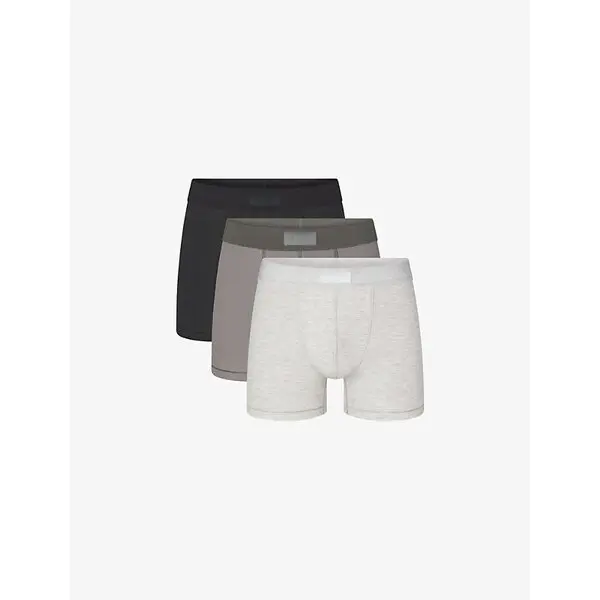 SKIMS Branded-waistband 3in Pack Of Three Stretch-cotton Boxer Briefs - Heather Multi