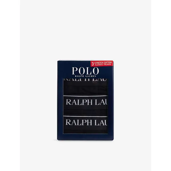 Polo Ralph Lauren Logo Waistband Classic-fit Stretch-cotton Trunks Pack Of Three - Black