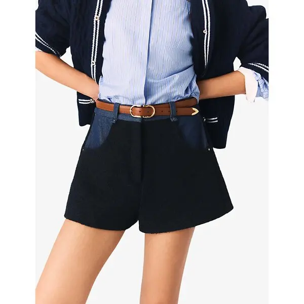 Maje Mid-rise Denim-trim Tweed Shorts