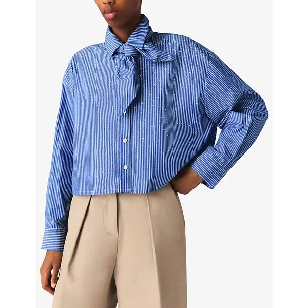 Maje Striped Rhinestone Embellished Cotton Shirt