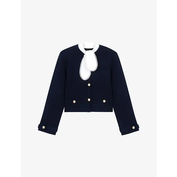 Maje Cropped Knitted Cardigan With Embroidered Collar - Navy