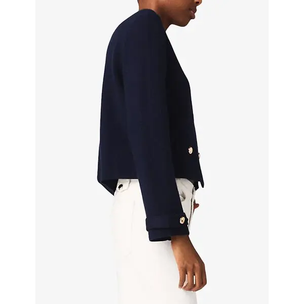 Maje Cropped Knitted Cardigan With Embroidered Collar - Navy