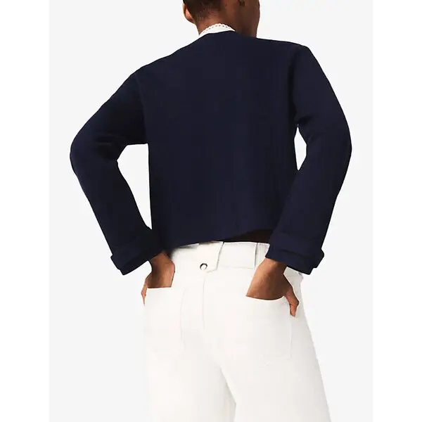 Maje Cropped Knitted Cardigan With Embroidered Collar - Navy