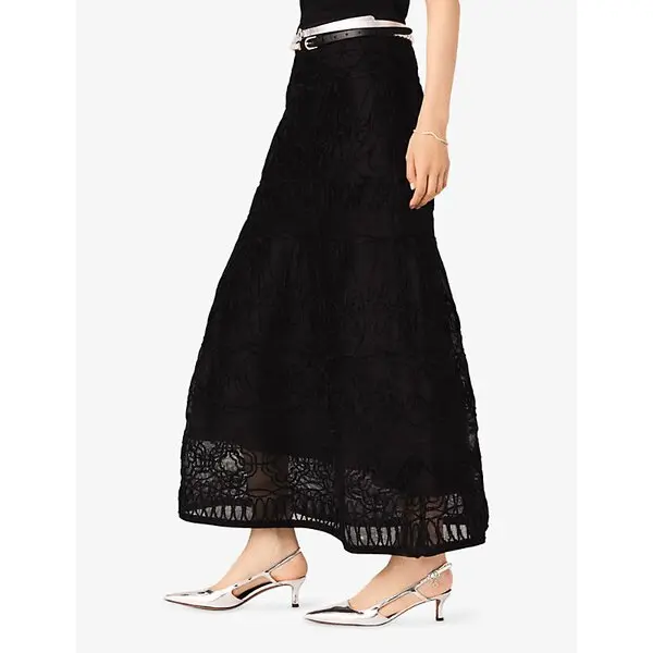 Maje Floral-embroidered Woven Maxi Skirt