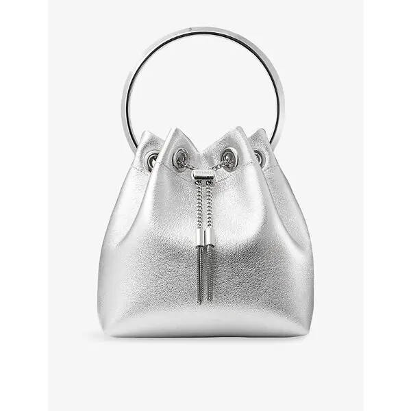 JIMMY CHOO Bon Bon Metallic-leather Top-handle Bucket Bag - Silver/silver