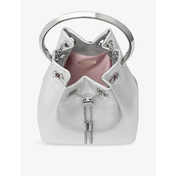 JIMMY CHOO Bon Bon Metallic-leather Top-handle Bucket Bag - Silver/silver