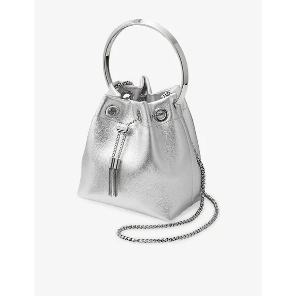 JIMMY CHOO Bon Bon Metallic-leather Top-handle Bucket Bag - Silver/silver