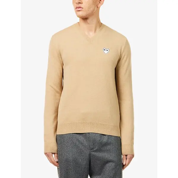 Play Comme Des Garcon Heart-embroidered Knitted Wool Jumper