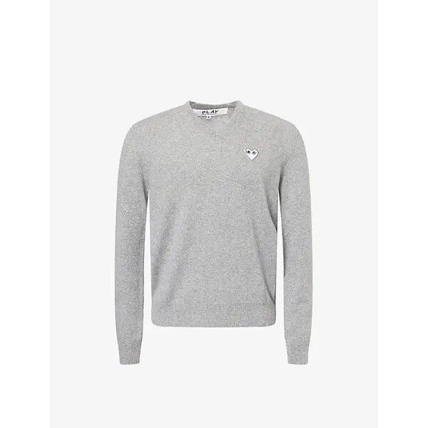 Play Comme Des Garcon Heart-embroidered Knitted Wool Jumper - Light Grey