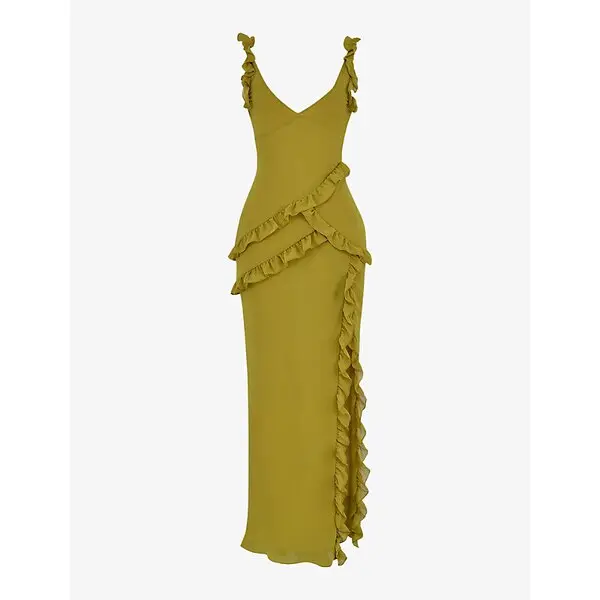 House Of Cb Pixie Ruffled Mesh Maxi Dress - Olive