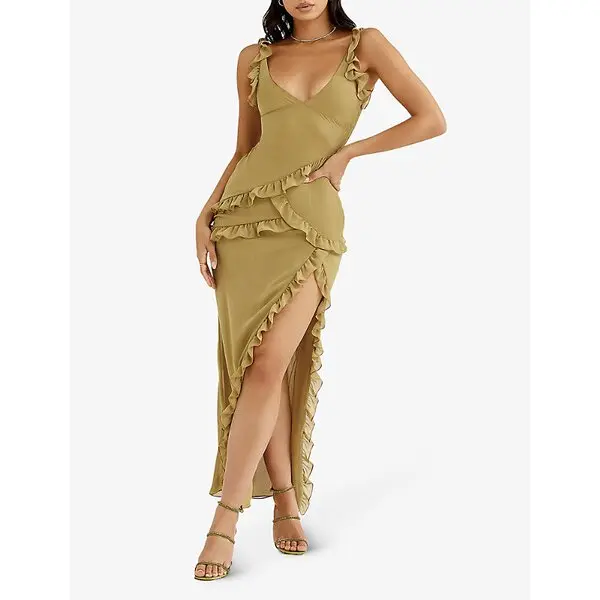 House Of Cb Pixie Ruffled Mesh Maxi Dress - Olive