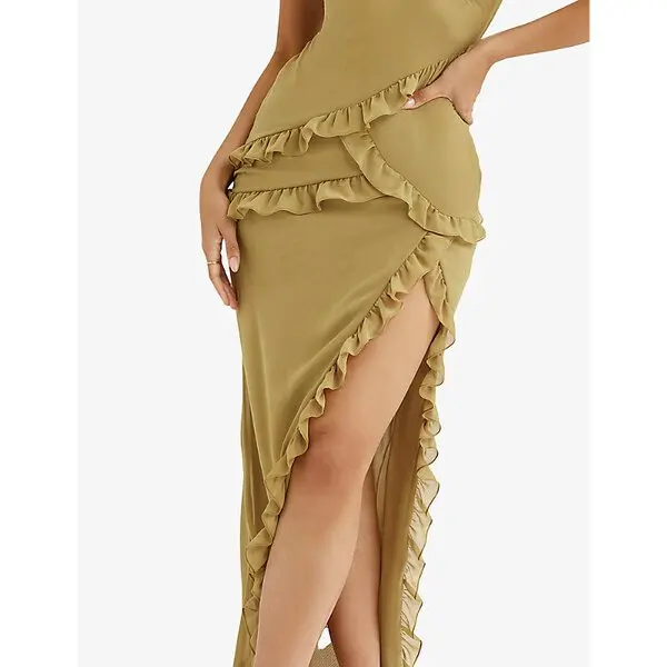 House Of Cb Pixie Ruffled Mesh Maxi Dress - Olive