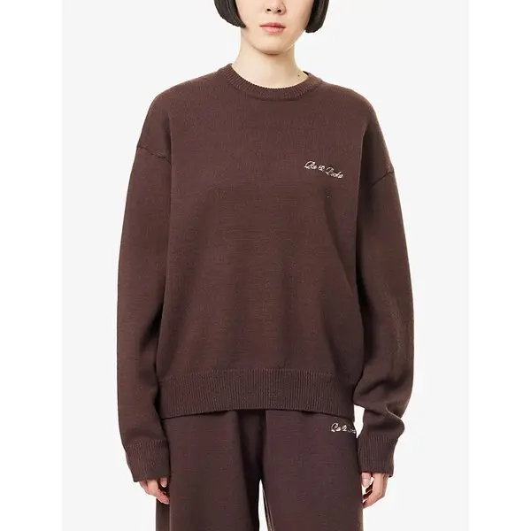 RU & ROCKA Embroidered Round Neck Knitted Jumper - Brown