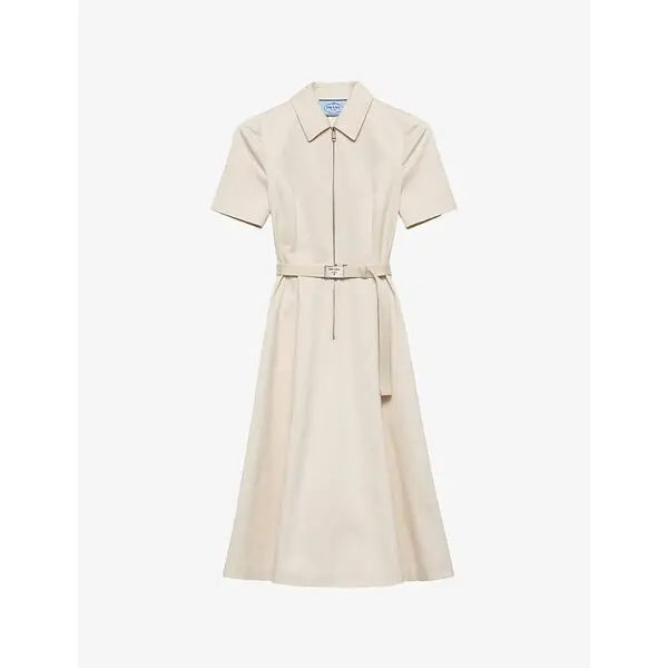 Prada Logo-belt A-line Cotton Chino Midi Dress - Neutral