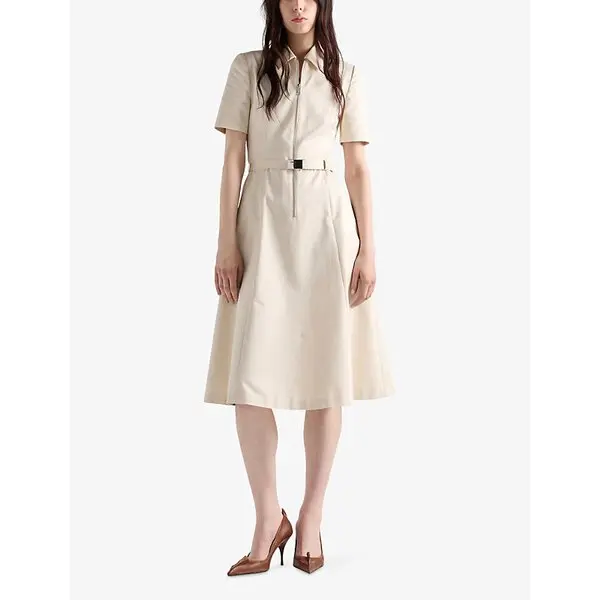 Prada Logo-belt A-line Cotton Chino Midi Dress - Neutral