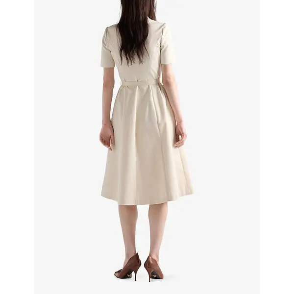Prada Logo-belt A-line Cotton Chino Midi Dress - Neutral