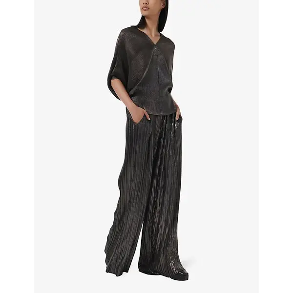 LEEM V-neck Batwing-sleeve Plisse Top