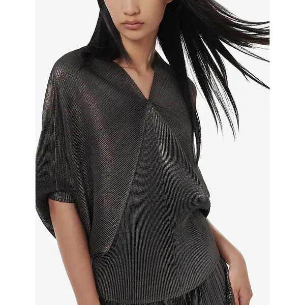 LEEM V-neck Batwing-sleeve Plisse Top