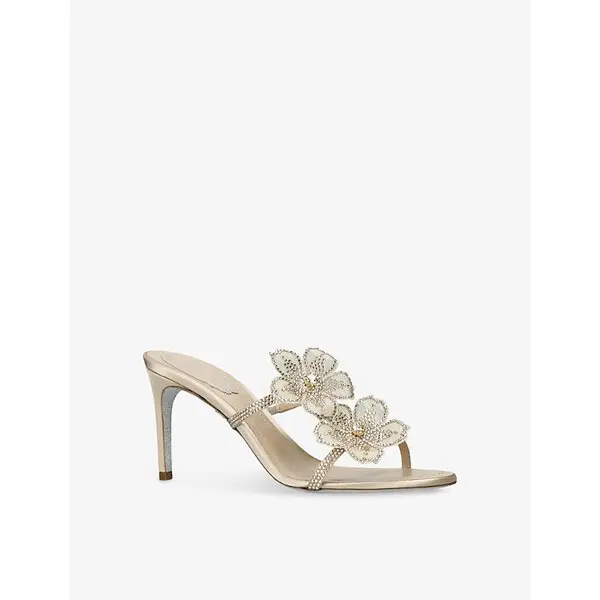 Rene Caovilla Satin Floral Embellished Stiletto Heeled Sandals