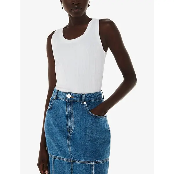 Whistles Ribbed Stretch Cotton Scoop Neck Vest Top - White