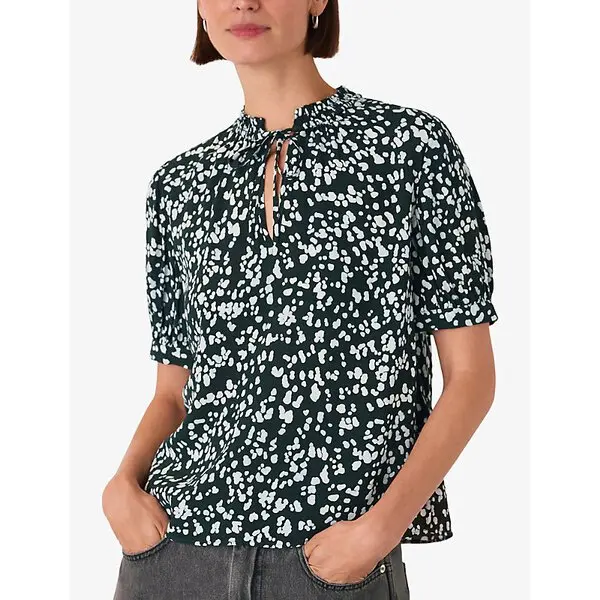 Whistles Animal Print Tie Neck Woven Blouse