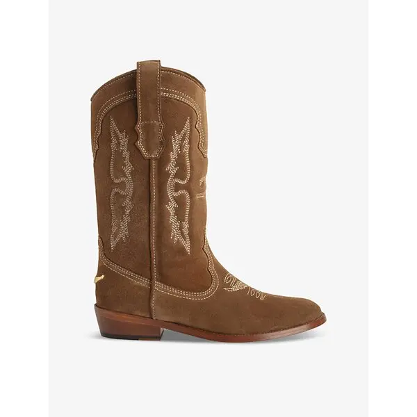 Zadig&Voltaire Tex Embroidered Suede Western Boots - Cognac