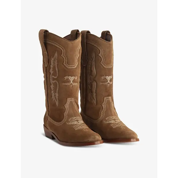 Zadig&Voltaire Tex Embroidered Suede Western Boots - Cognac