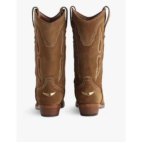 Zadig&Voltaire Tex Embroidered Suede Western Boots - Cognac