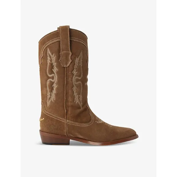 Zadig&Voltaire Tex Embroidered Suede Western Boots - Cognac