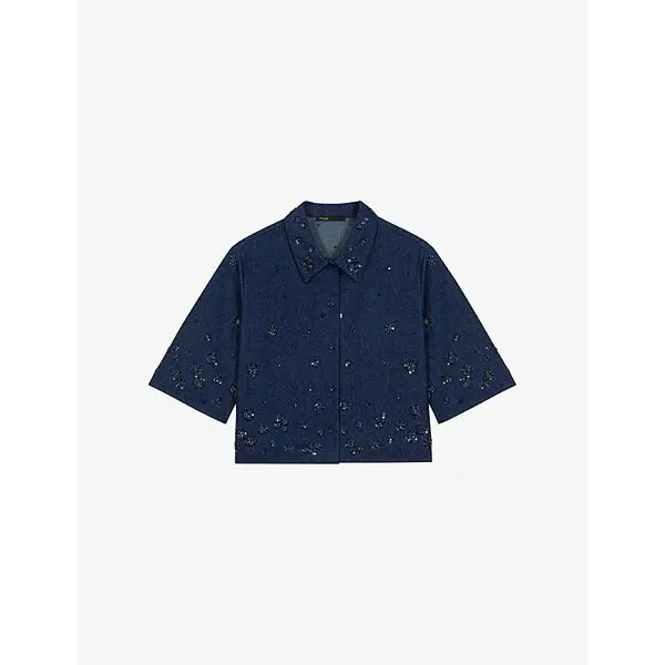 Maje Bead-embellished Cropped Denim Shirt - Navy