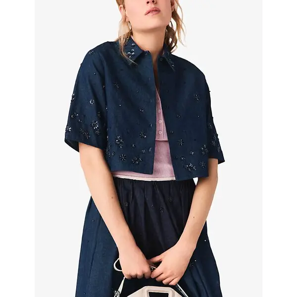 Maje Bead-embellished Cropped Denim Shirt - Navy