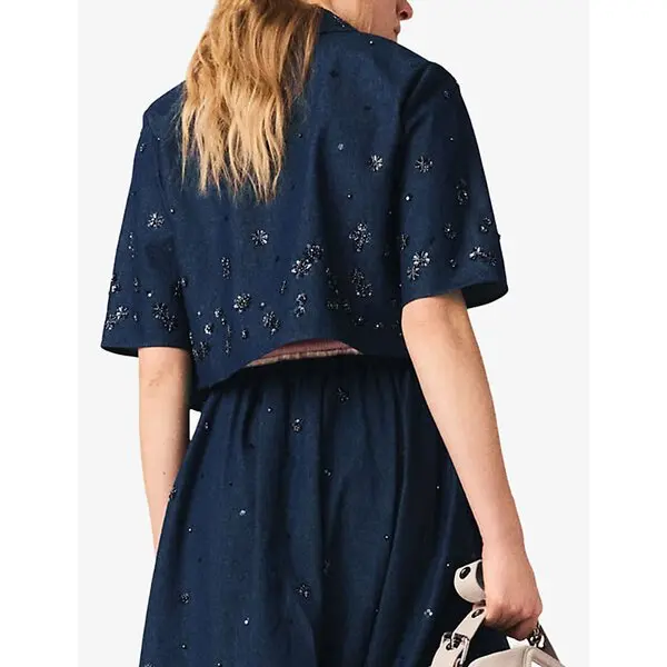 Maje Bead-embellished Cropped Denim Shirt - Navy