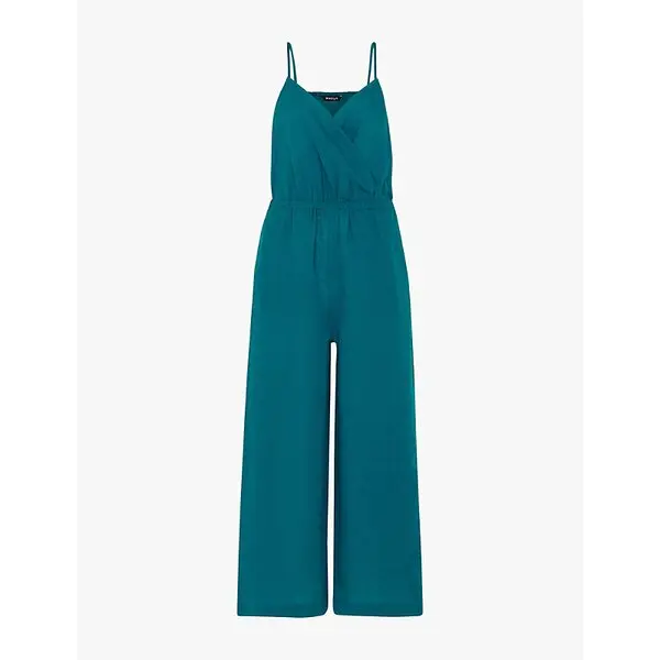 Whistles Wrap-front Sleeveless Linen And Cotton-blend Jumpsuit - Teal